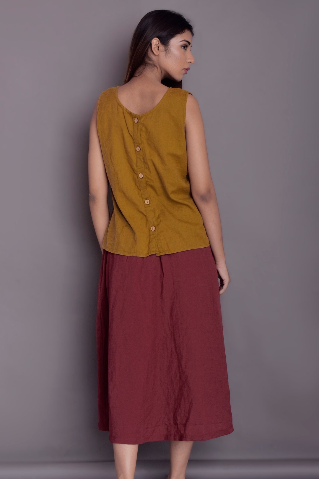 Tank Top With Back Opening, Back Buttoned Tank Top, Linen Tank Top ...