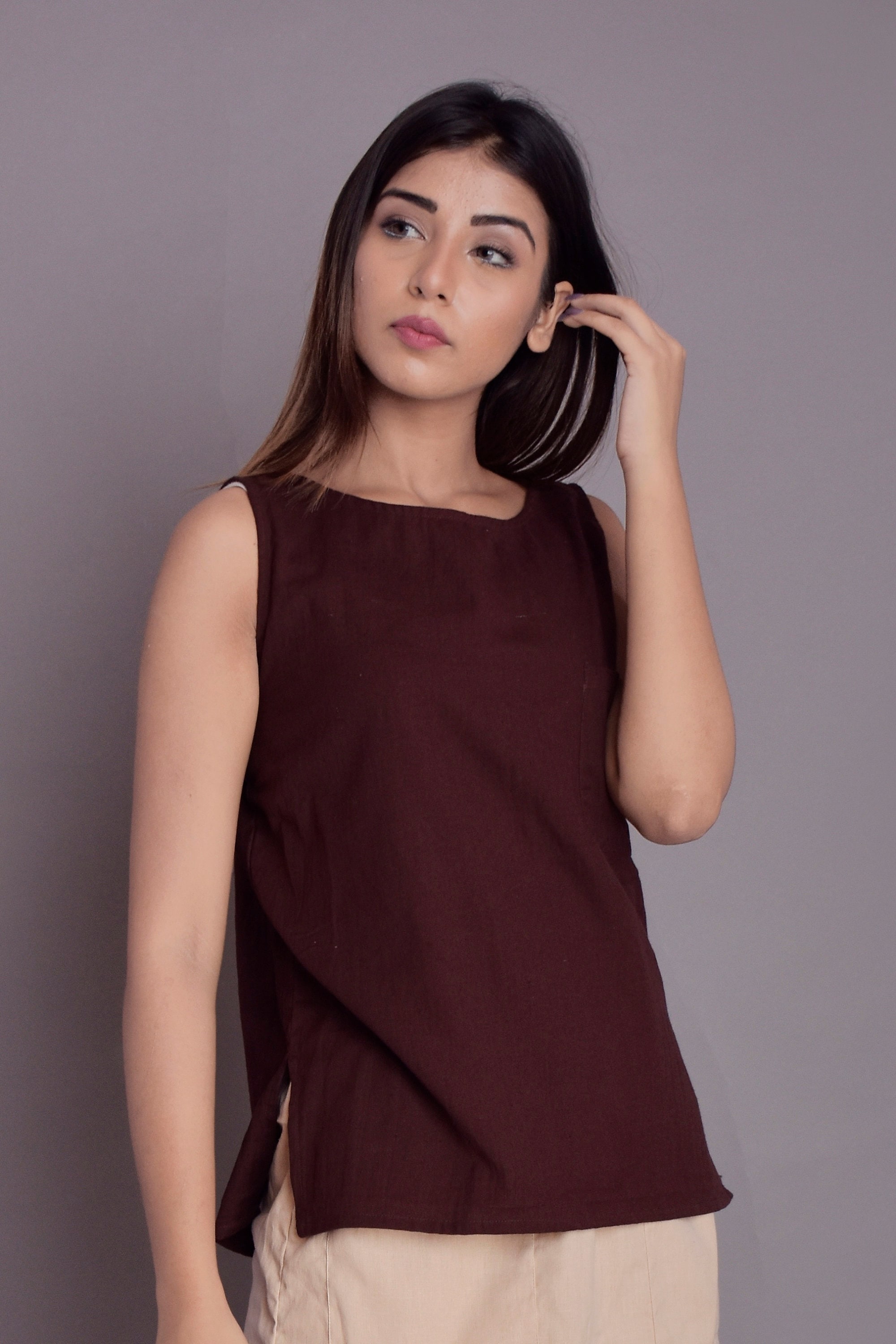 Slit Top Side Cut Linen Blouse Linen Sleeveless Top Casual - Etsy