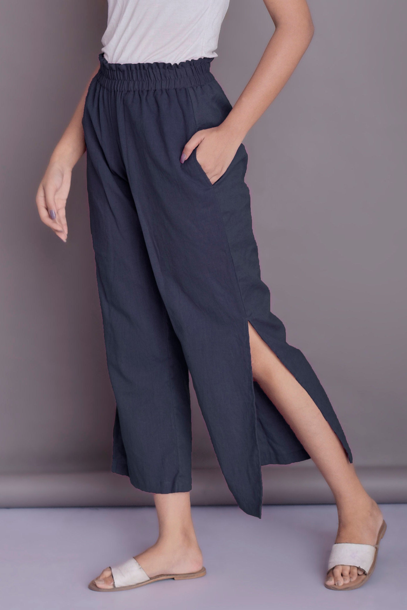 Slit Pants Linen side cut pants Loose linen pants Casual | Etsy