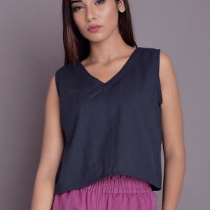 Linen Crop Top, Cropped Blouse, V Neck Linen Top, Linen Sleeveless Top ...