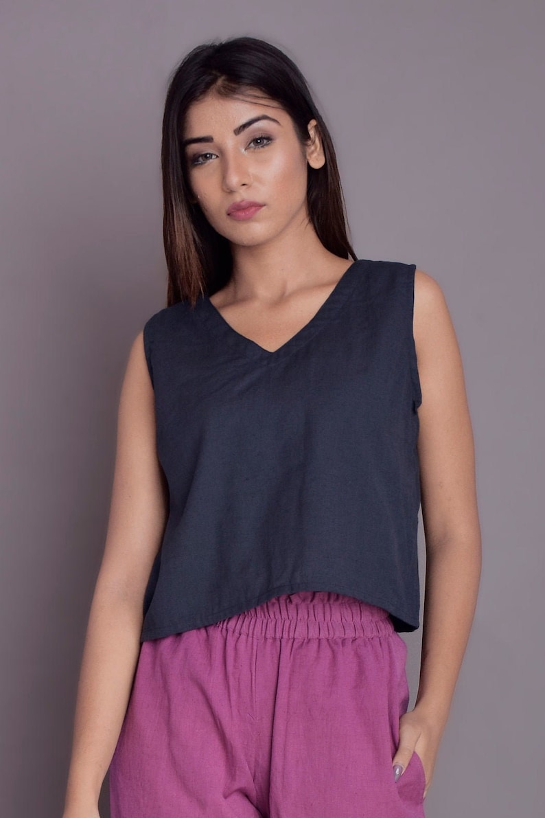 Linen Crop Top Cropped Blouse V Neck Linen Top Linen Etsy