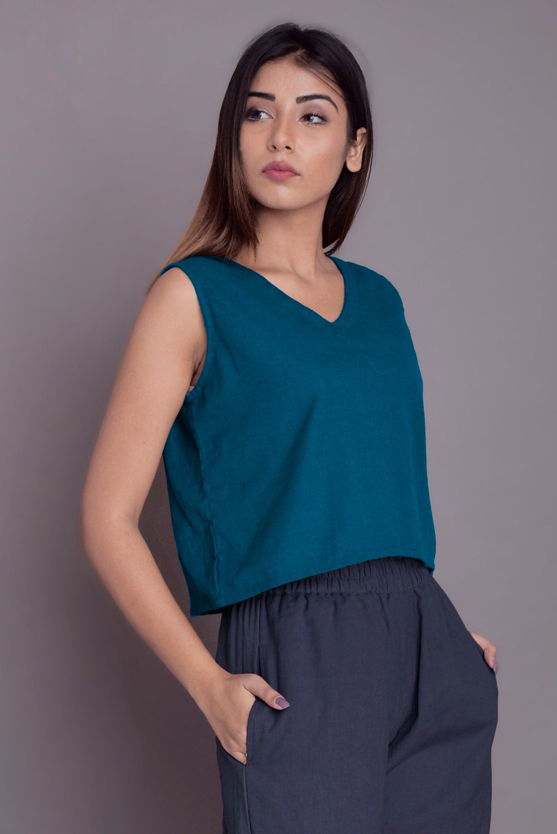 Linen Sleeveless Crop Top Linen Crop Top Cropped Blouse V Etsy