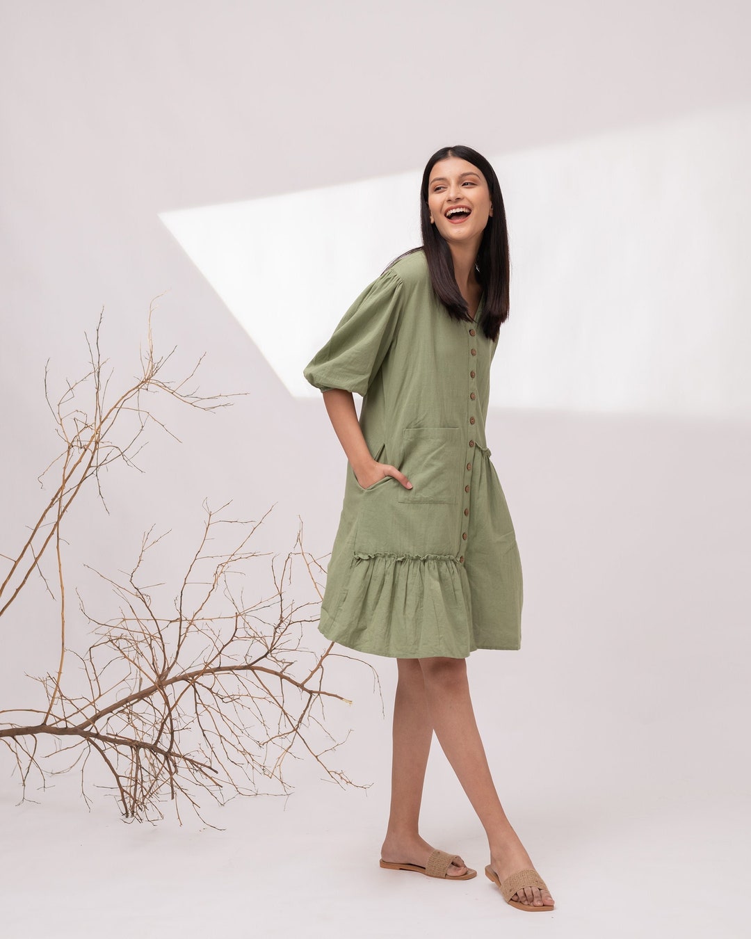 Ruffle Sleeve Linen Dress | Button Down Linen Dress | Knee Length ...