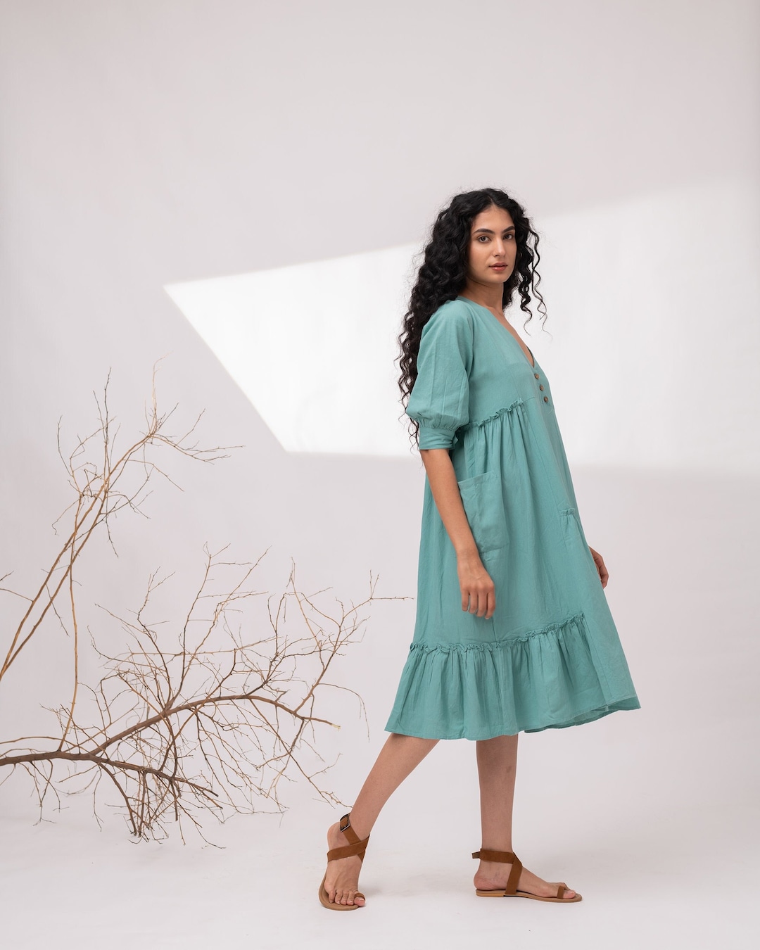 Ruffle Frill Trim Linen Dress | Linen Designer Dress for Women | Button ...