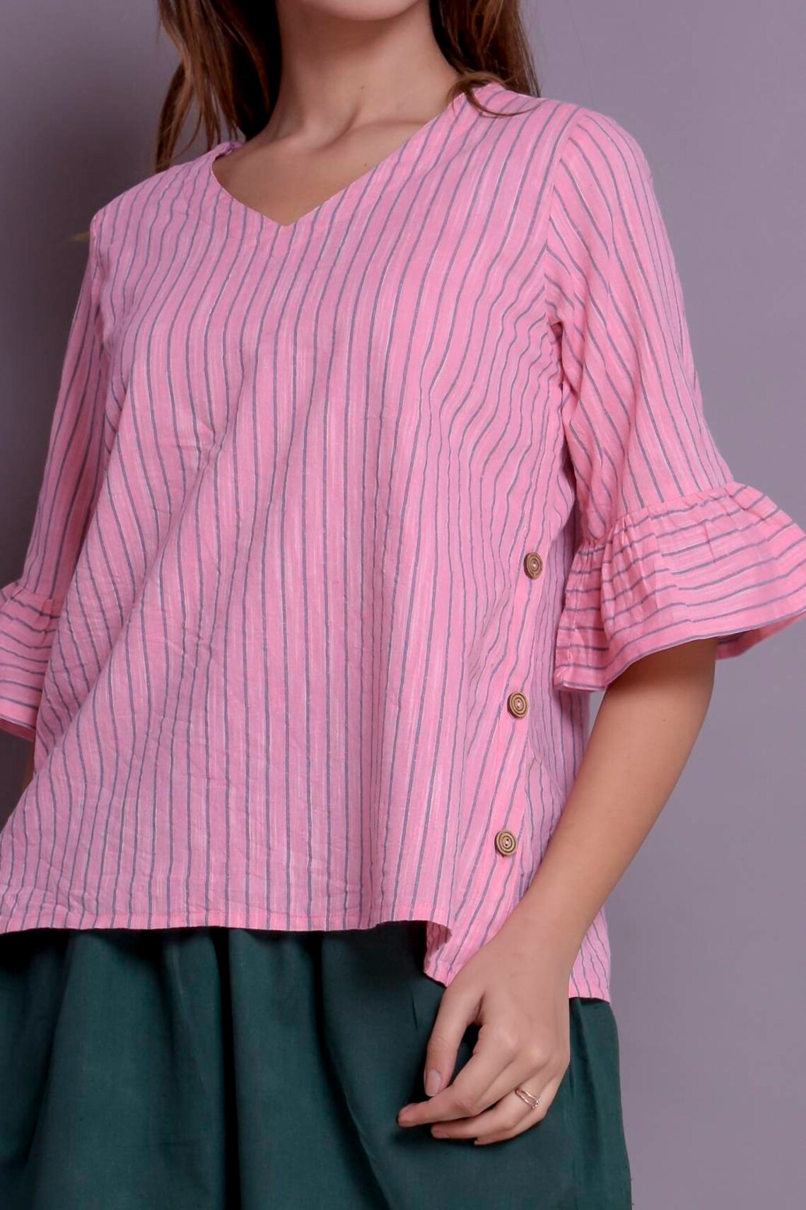 Buttoned Linen Top V Neck Linen Top Gathered Sleeve Top | Etsy