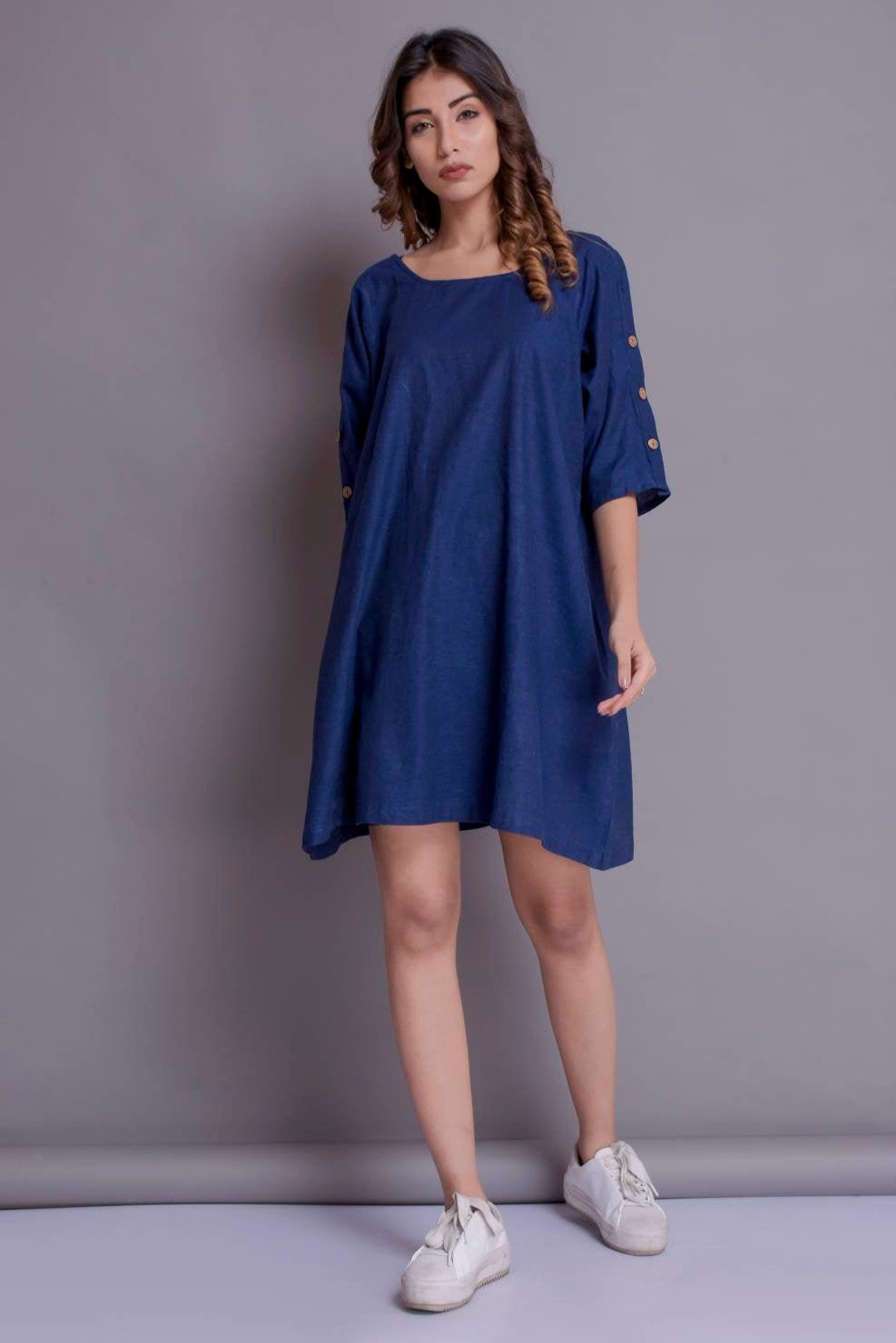 Buttoned Sleeve Linen Dress, Denim Linen Dress, Loose Linen Dress With ...
