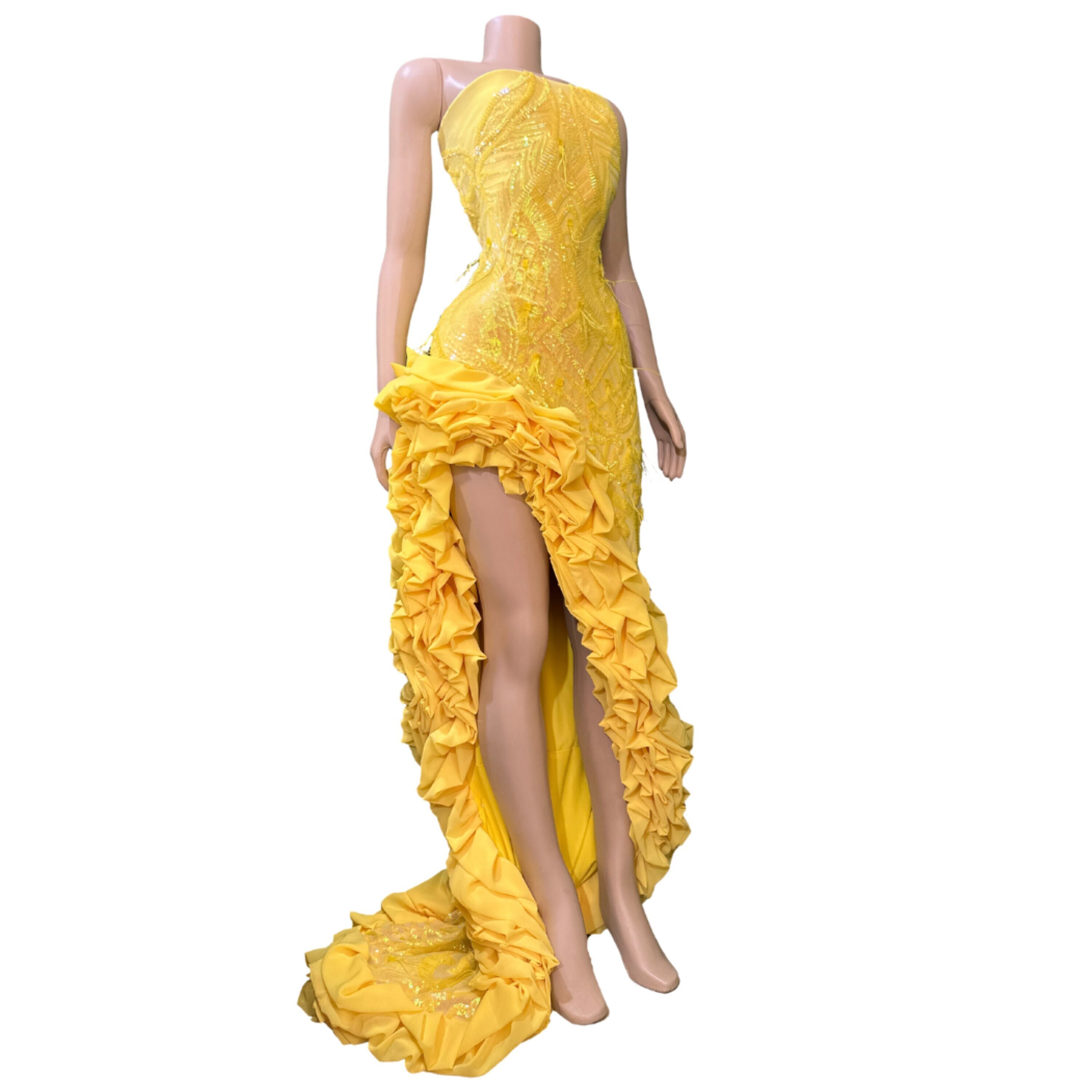 Custom Prom Dress With High Split. Ruffles, Feathers, Sequin Prom Dress ...