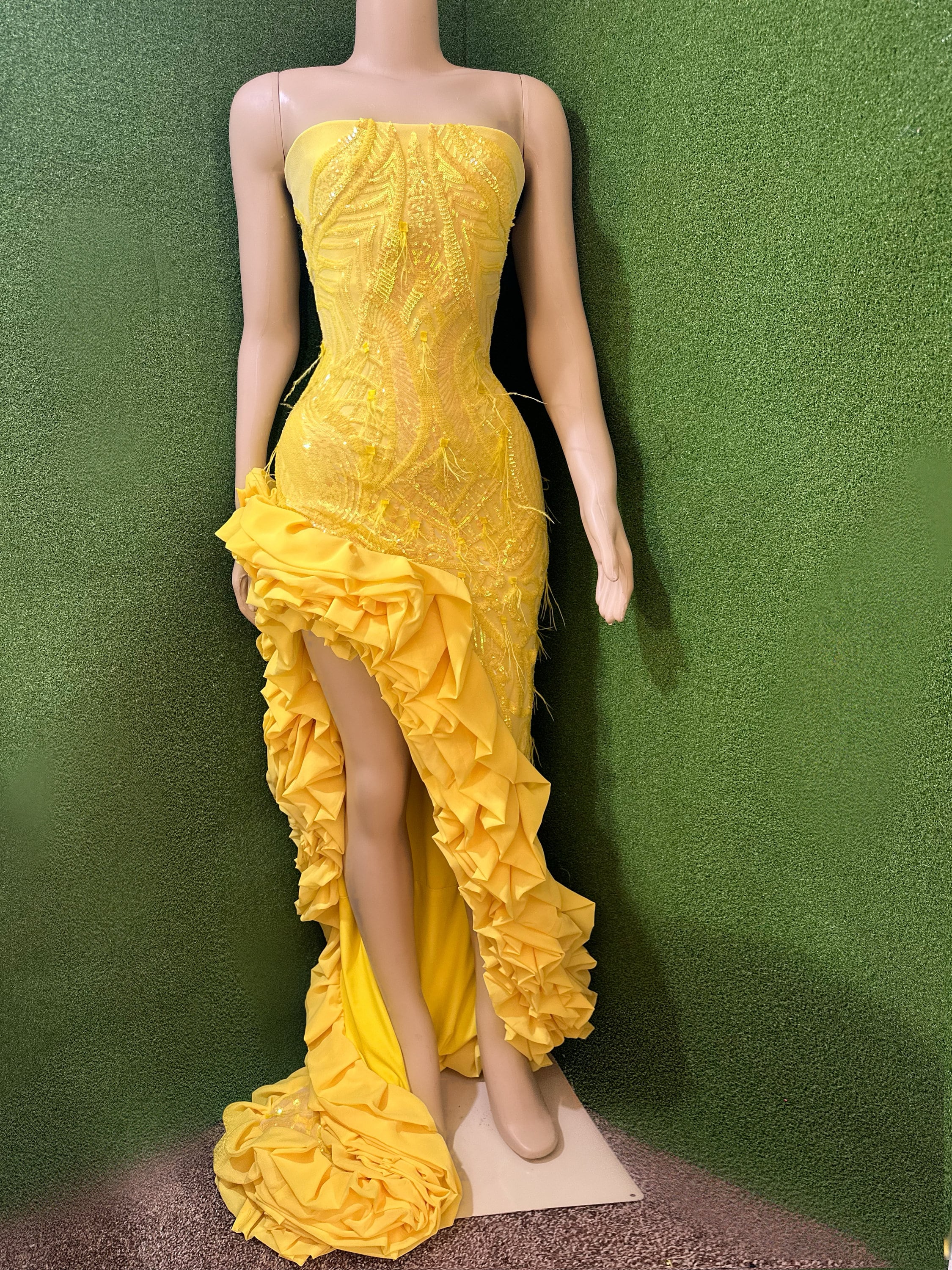 Custom Prom Dress With High Split. Ruffles, Feathers, Sequin Prom Dress ...