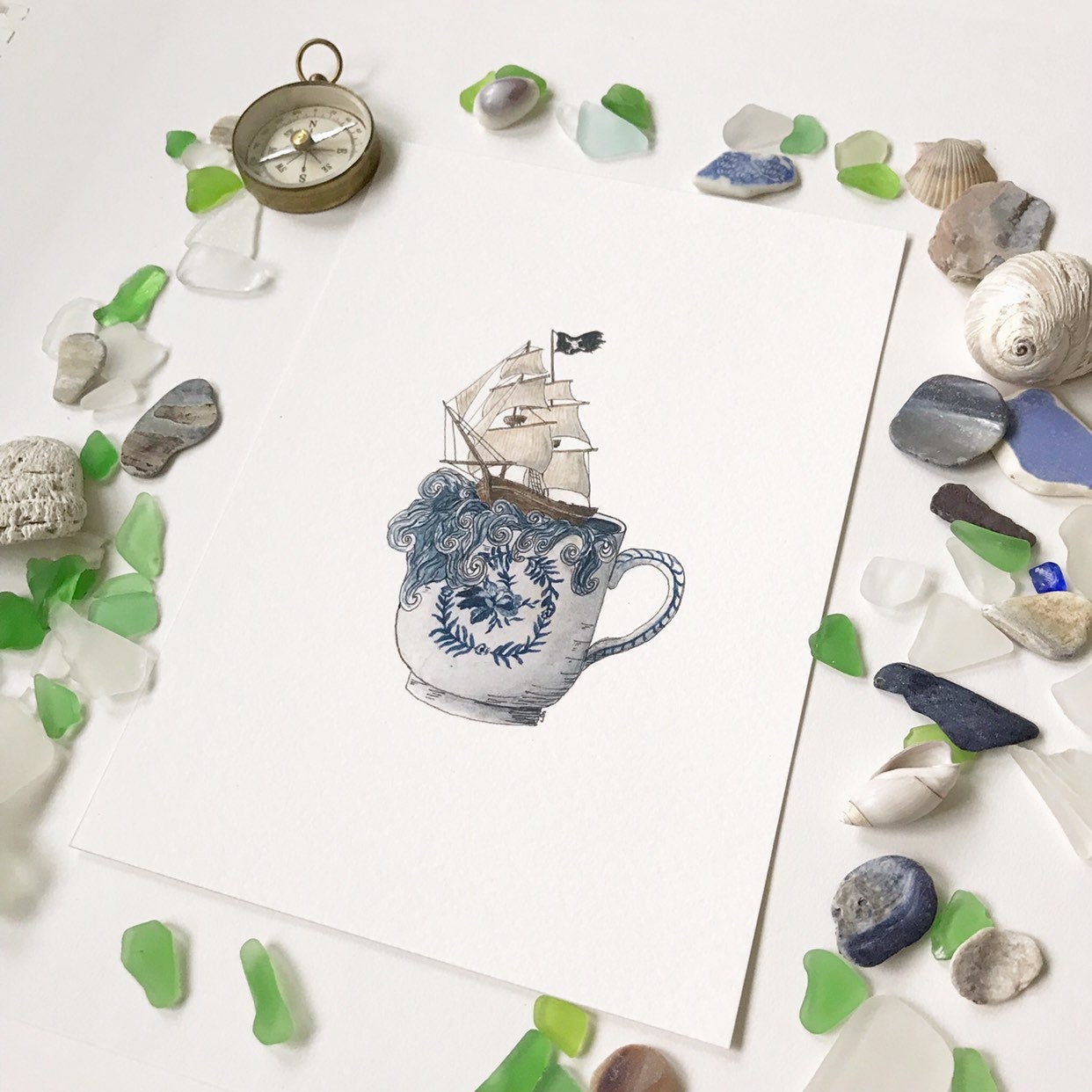 Pirate Ship in a Stormy Teacup Print - Whimsical Tea Themed Nautical ...