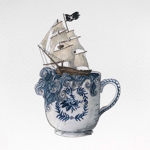 Pirate Ship in a Stormy Teacup Print - Whimsical Tea Themed Nautical ...