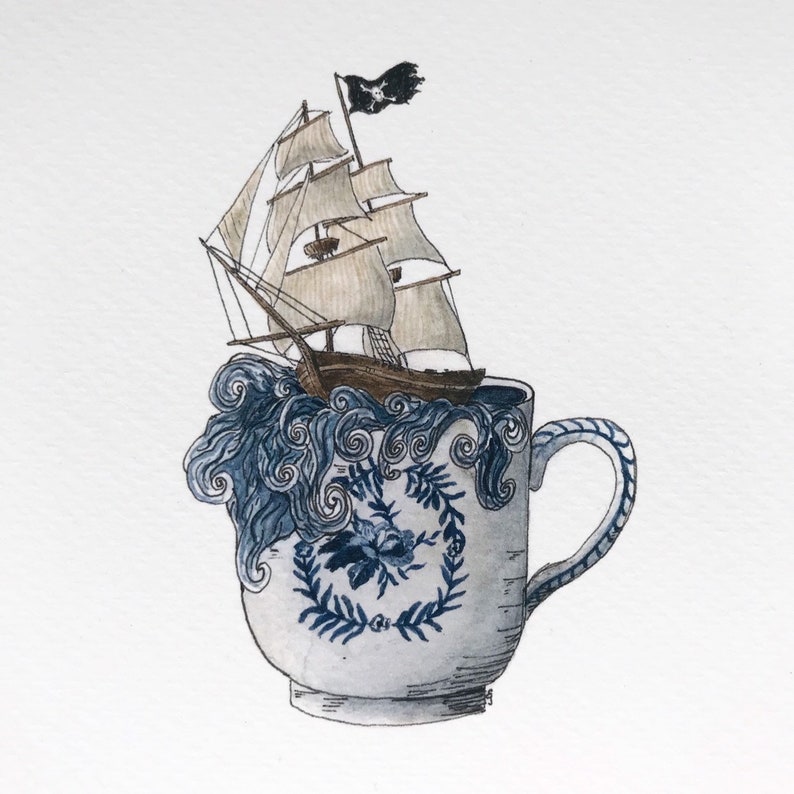 Pirate Ship in a Stormy Teacup Print - Whimsical Tea Themed Nautical ...