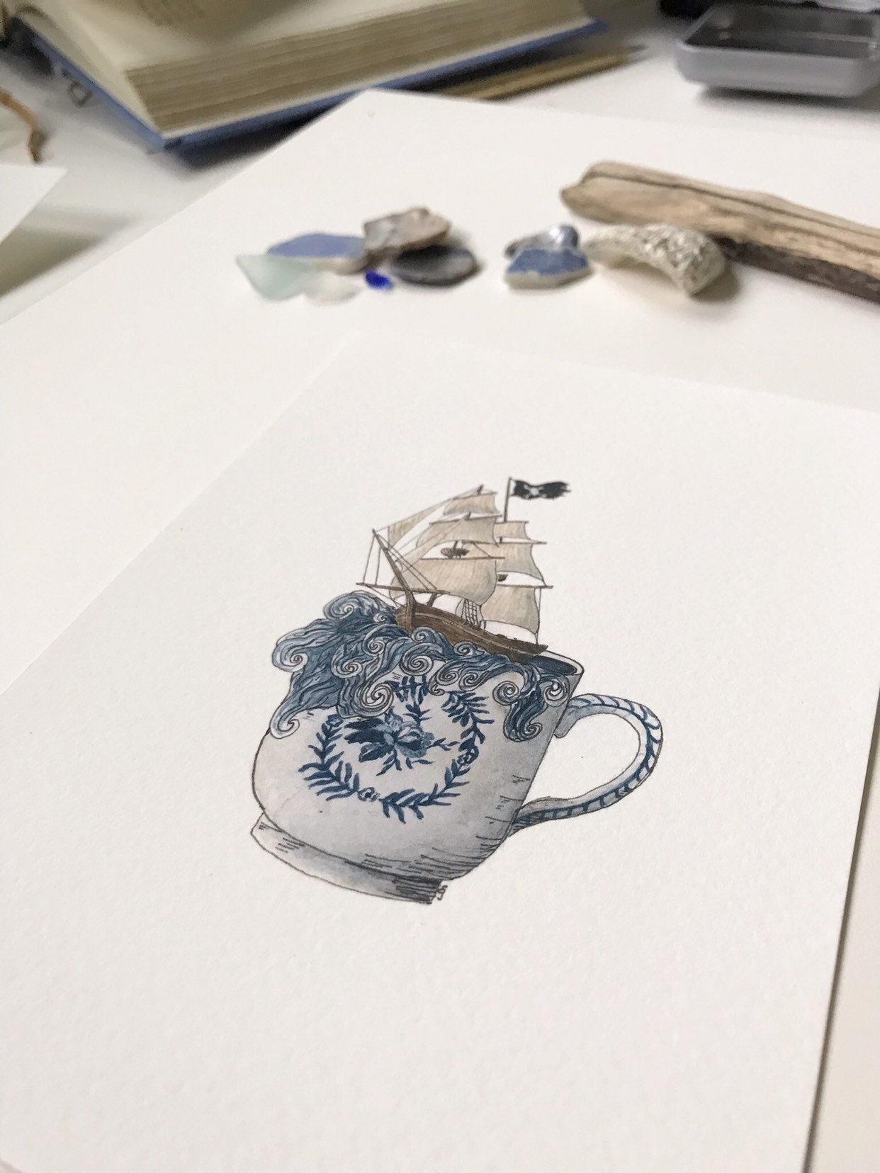 Pirate Ship in a Stormy Teacup Print - Whimsical Tea Themed Nautical ...
