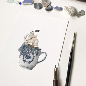 Pirate Ship in a Stormy Teacup Print - Whimsical Tea Themed Nautical ...