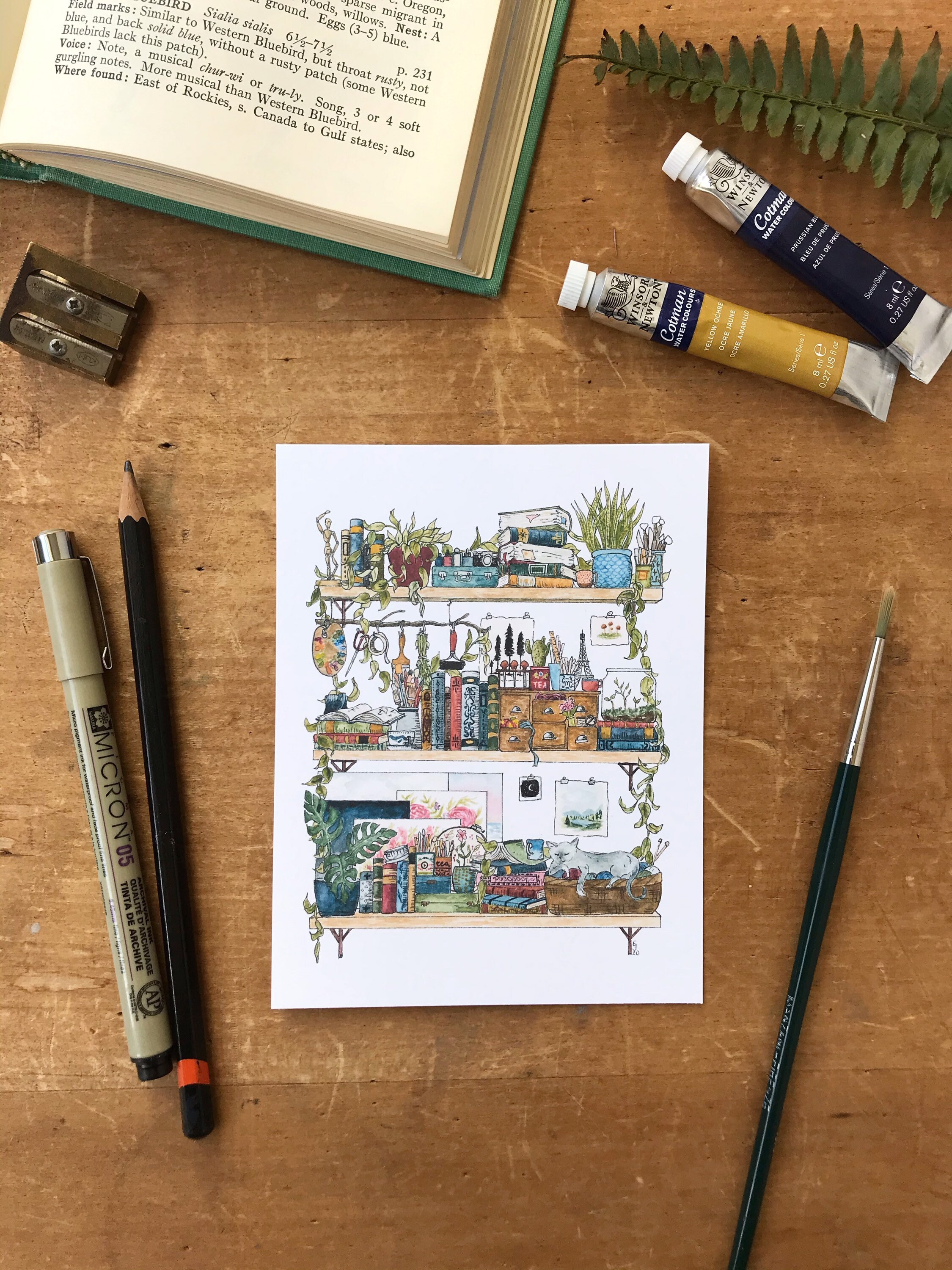 The Artist's Shelves Postcard - Mini Print - Watercolor Notecard - Etsy