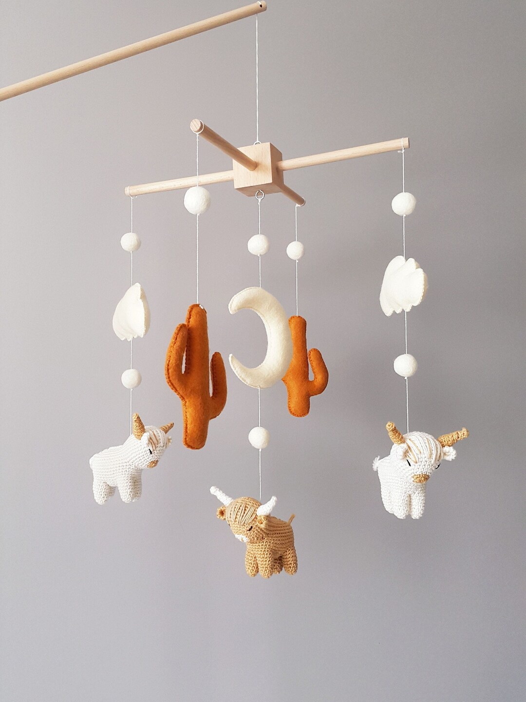 Baby Crib Mobile Highland Cow Mobile Baby Mobile Neutral Crochet Mobile ...