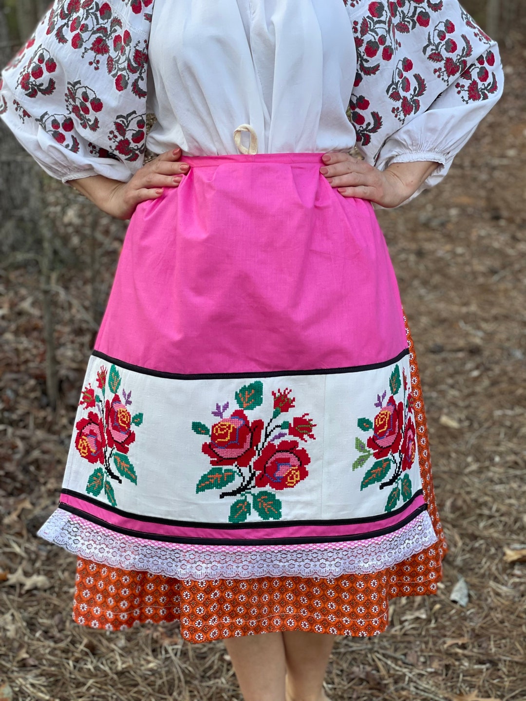 Vintage Ukrainian Apron, Pink Cotton, Floral Embroidery - Etsy