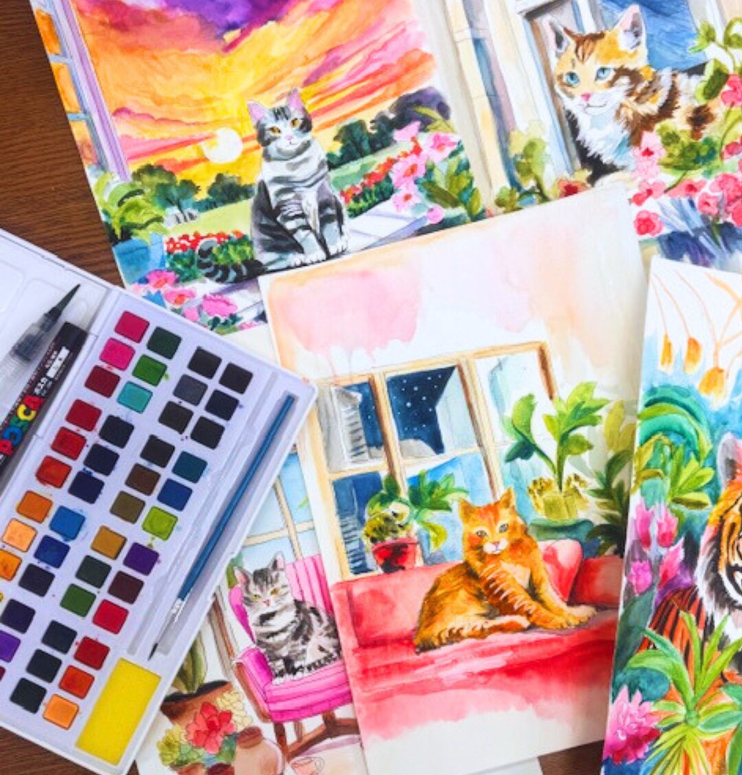 Cats Watercolor Painting Kit, DYI Adult Paint Kit ,activity for Kids ...