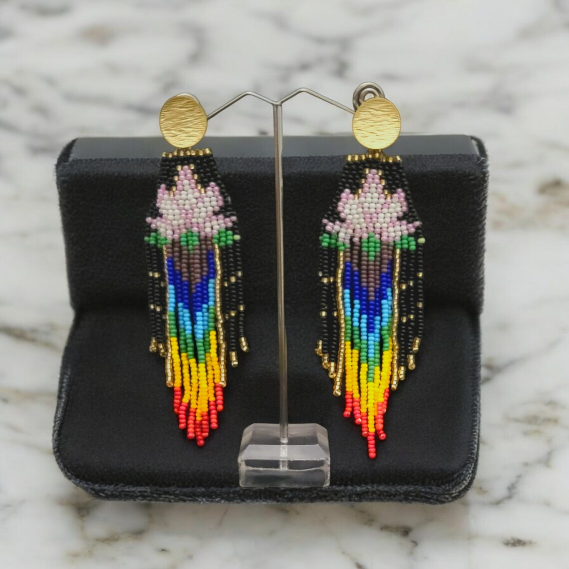 HANDMADE BEADED EARRING, Lotous Design, Spirtual, Indian Pattern,fringe ...