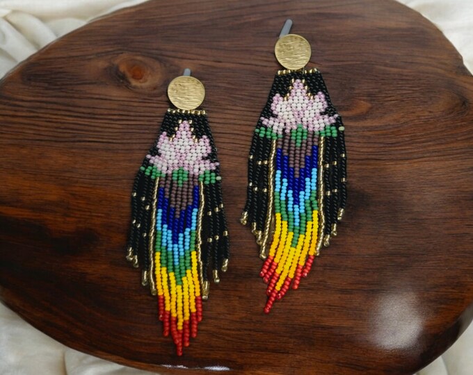 HANDMADE BEADED EARRING, Lotous Design, Spirtual, Indian Pattern,fringe ...