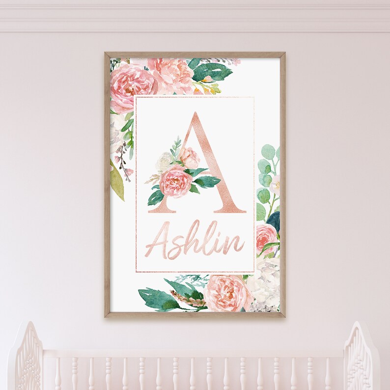 Rose Gold and Pink Floral Nursery Name Wall Art, Personalized Nursery ...