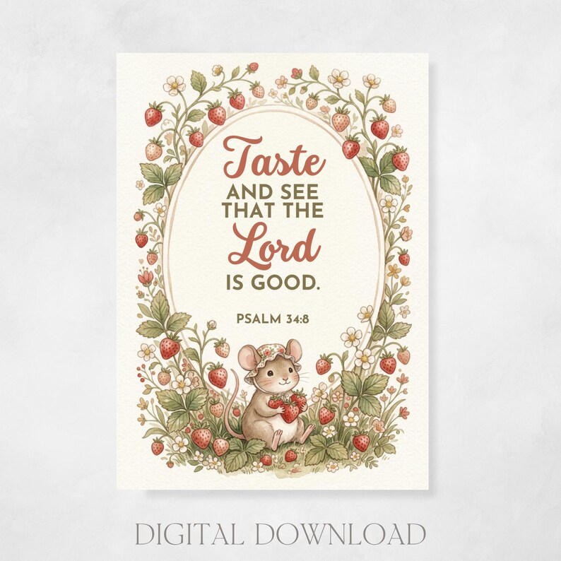 Kids Bible Verse Printable, Strawberry Mouse, Psalm 34:8 Scripture Card ...