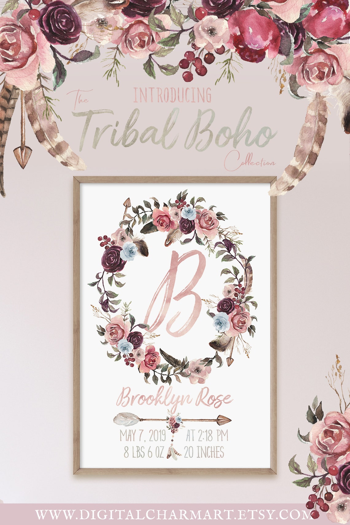 Boho Floral Name Nursery Wall Art, Personalized Nursery Name Art ...