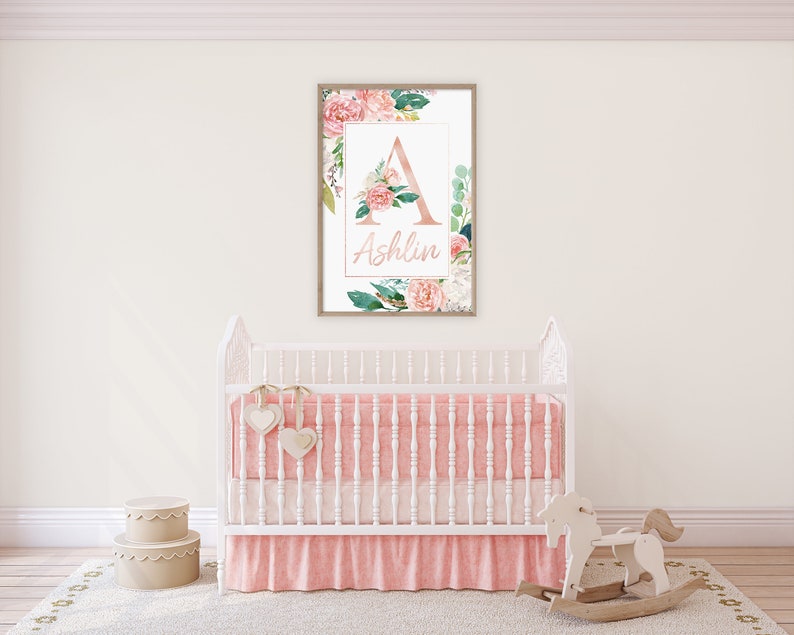 Rose Gold and Pink Floral Nursery Name Wall Art, Personalized Nursery ...
