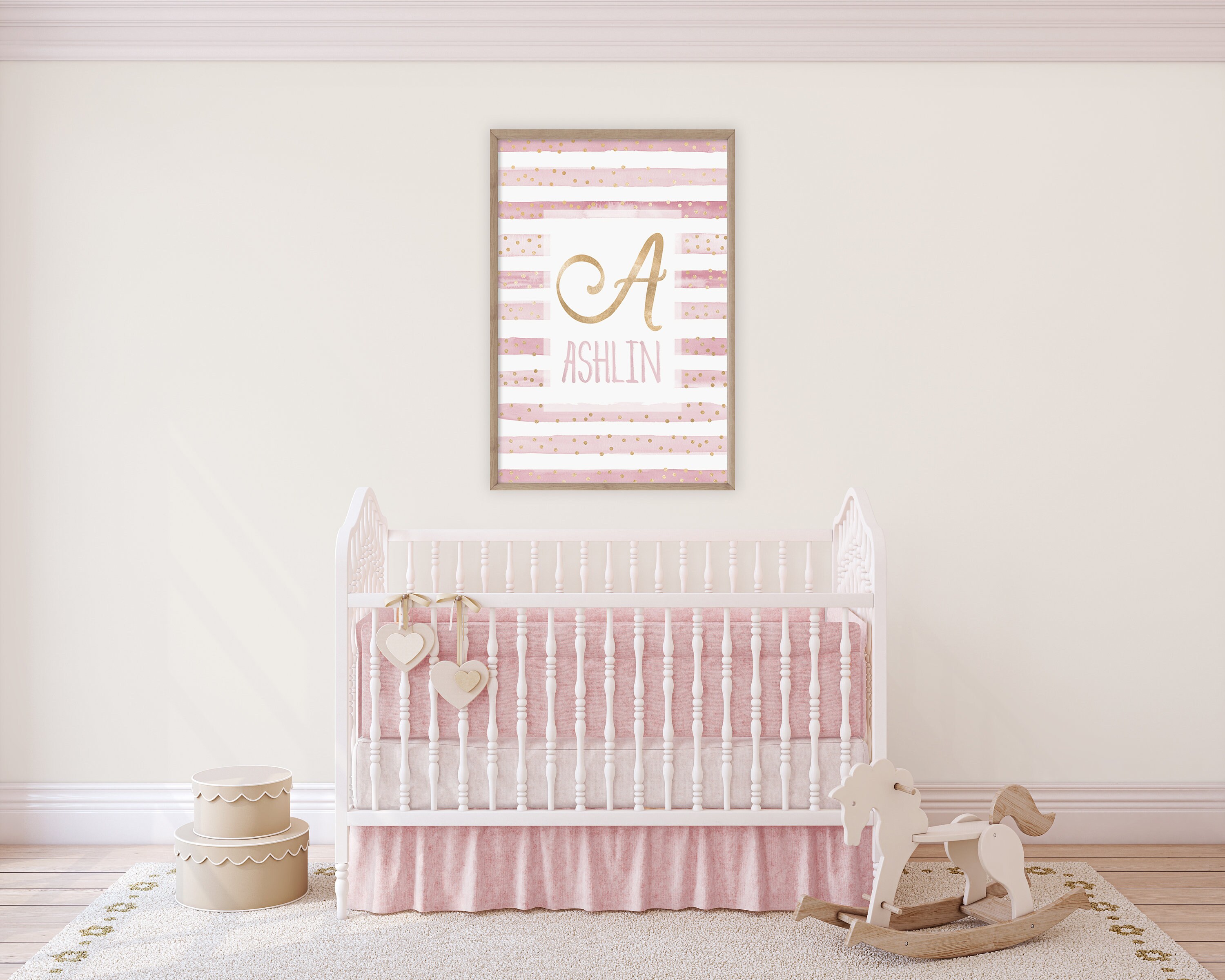 Gold and Pink Stripes Nursery Name Wall Art, Personalized Nursery Name ...