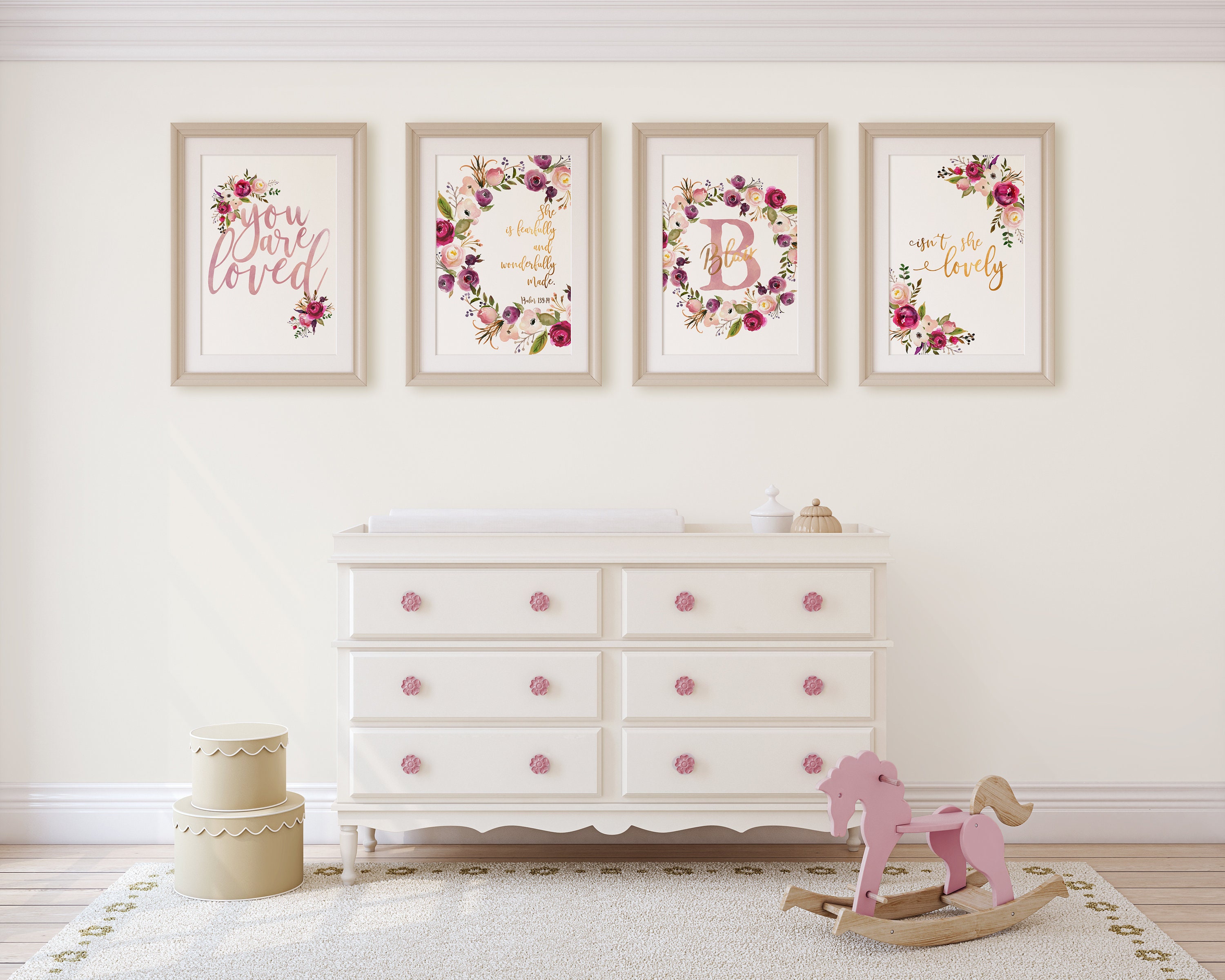 Pink and Gold Nursery Wall Art Set, Personalized Nursery Name Art ...