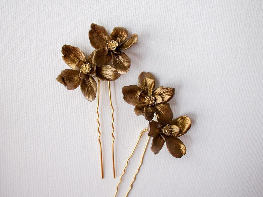 Flower Hair Pins - Golden Floral Hair Piece - Wedding Accessories ...