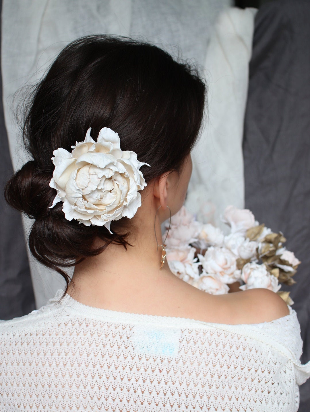 Spanish Bun Hairstyle Flower Pin - Wedding Hair Accessory - Ivory Peony ...