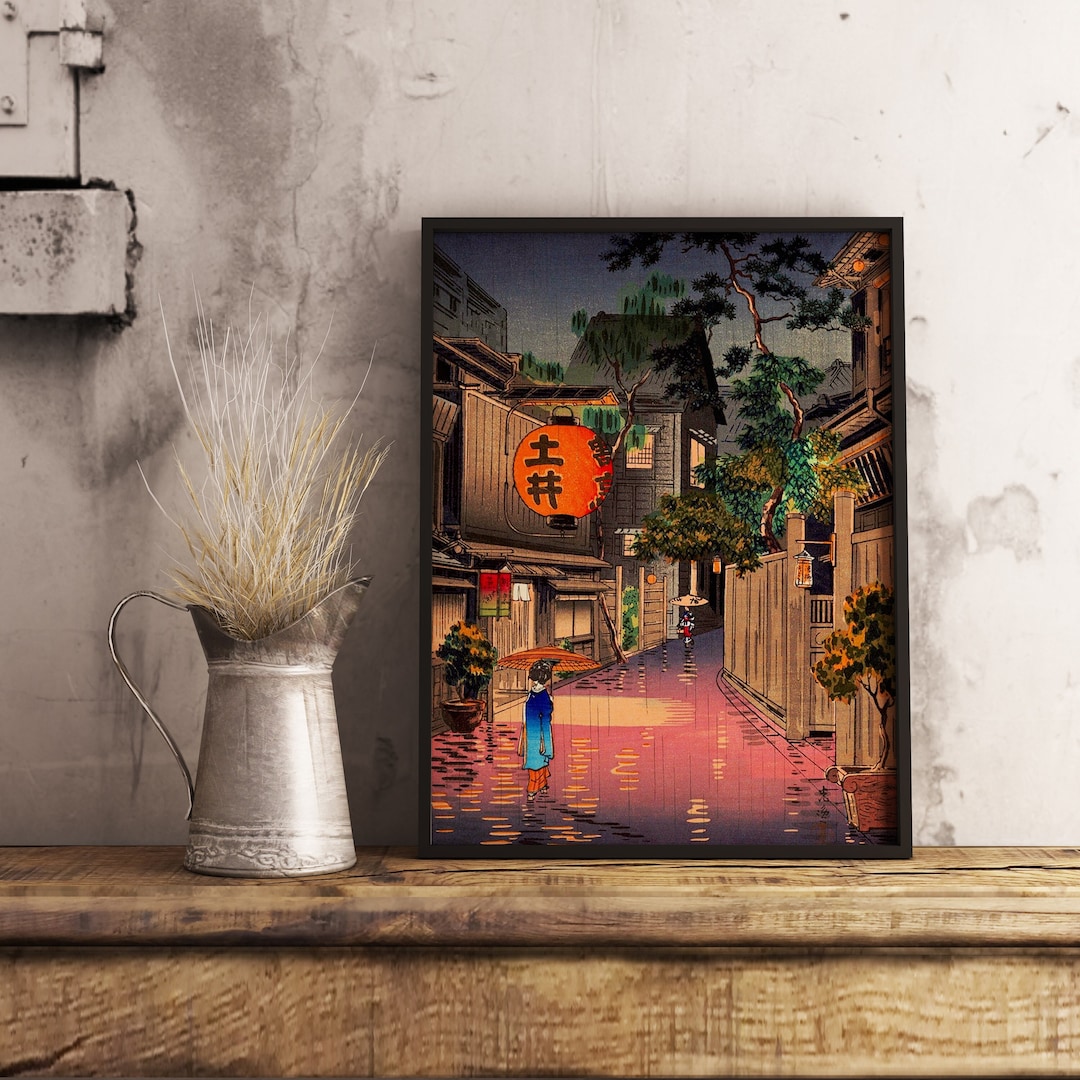 Vintage Japanese Painting Ukiyo-e Digital Art Print Evening at Ushigome by Tsuchiya Koitsu ...