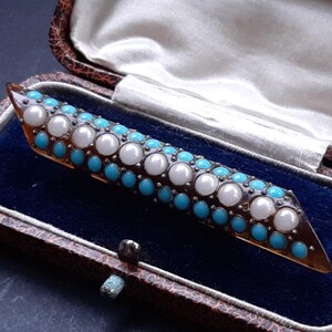 Antique Edwardian Galalith Faux Tortoiseshell Turquoise & Pearl Bar ...