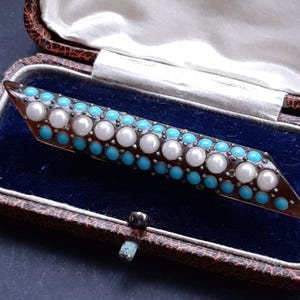 Antique Edwardian Galalith Faux Tortoiseshell Turquoise & Pearl Bar ...