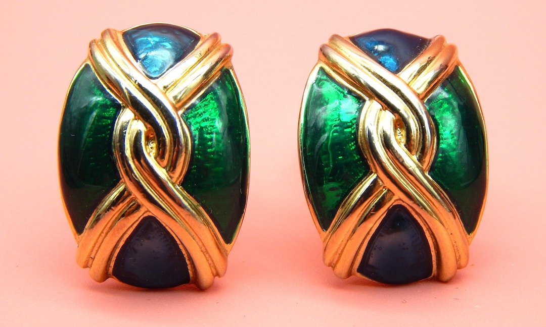 Vintage D'orlan 1980s Gold Plated Blue & Green Iridescent Oversized ...