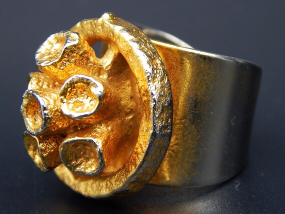 Vintage 1970s Brutalist Ring Jacob Hull, Silver/Gold-… - Gem
