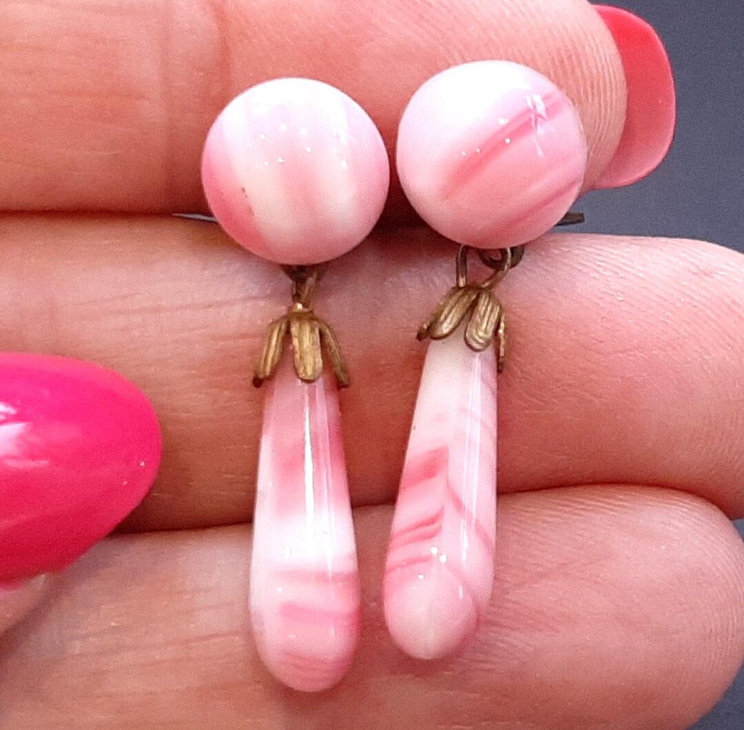 Antique 1930s 1940s Art Deco Pink Marbled Torpedo Drop Earrings - Etsy