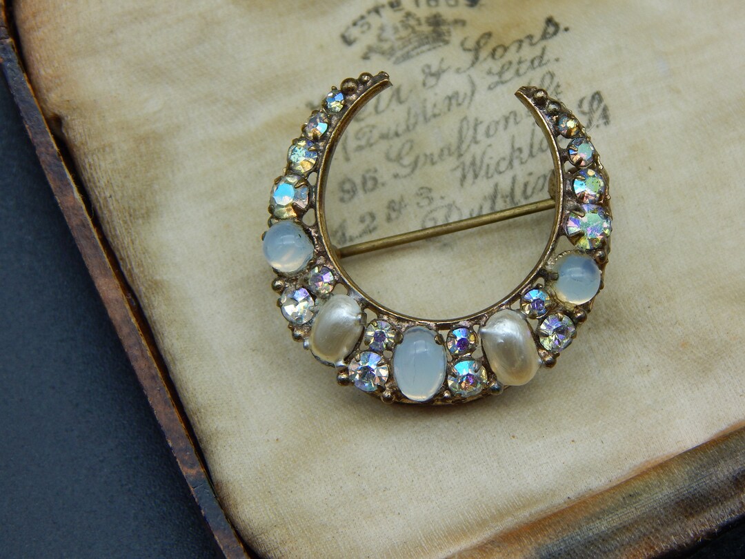 Antique Edwardian Crescent Moon Paste & Faux Moonstone Gallery Brooch - Etsy