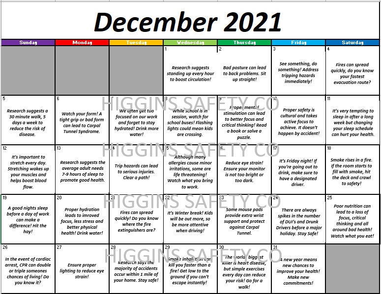 December 2021 Office Safety Calendar DIGITAL DOWNLOAD - Etsy