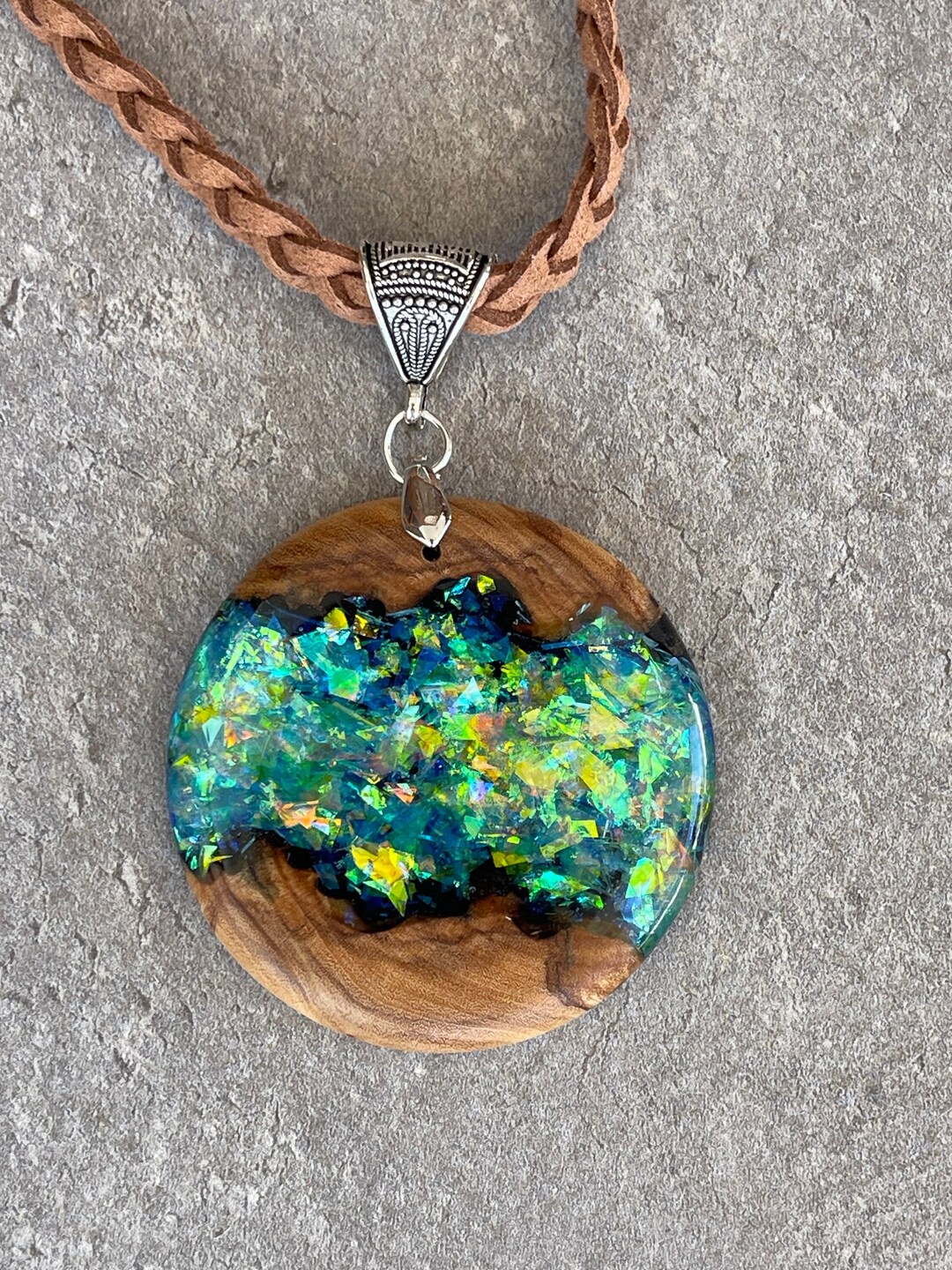 Green Opal Pendant Necklace Olive Wood Epoxy Resin Jewelry Natural ...