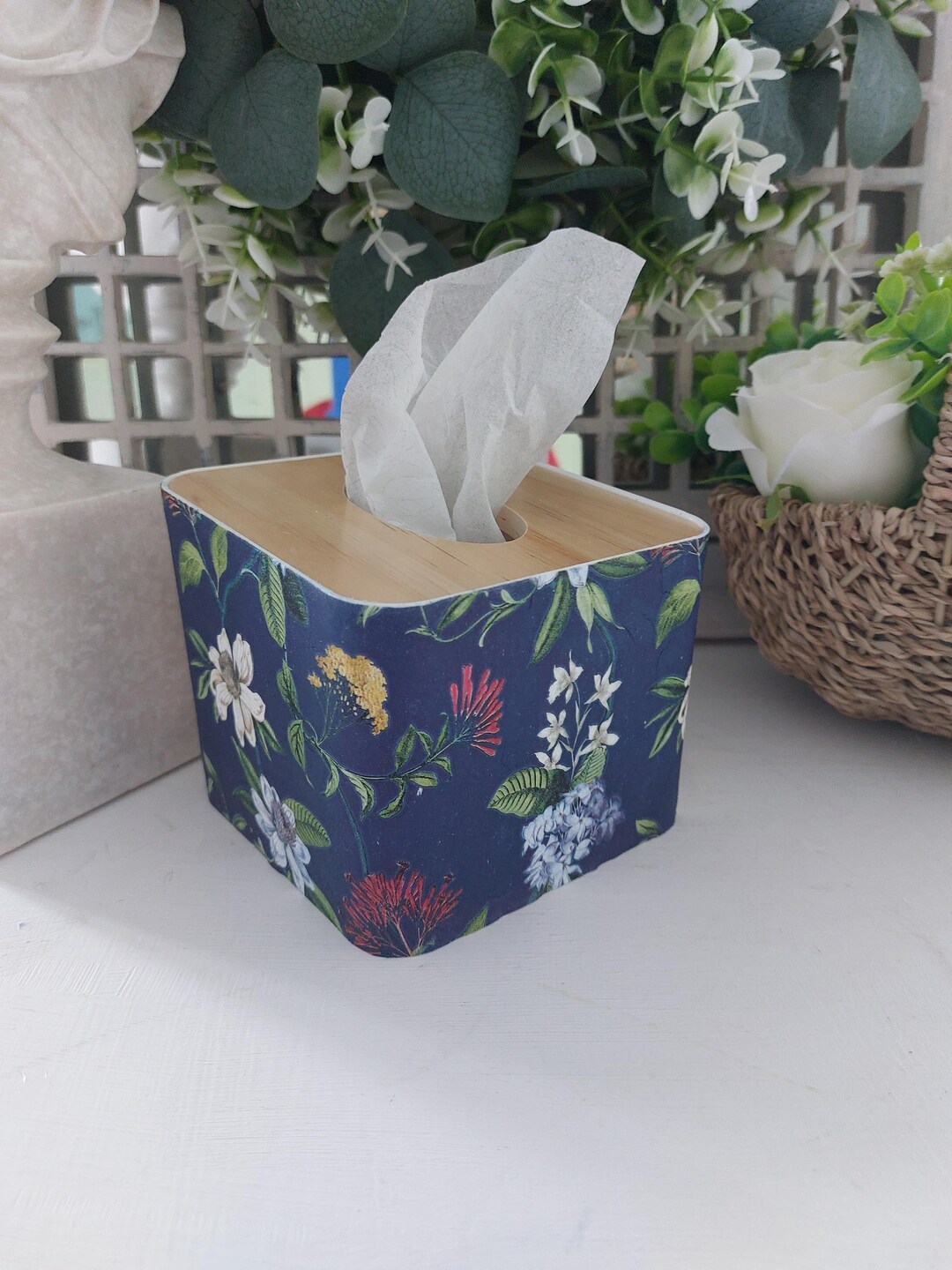 Beautiful Dark Blue Floral Tissue Box. Available in Five Shapes. Hand ...