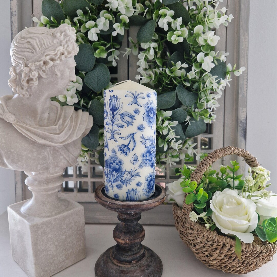 Beautiful Blue Toile Floral Wax or Flameless Pillar Candles.country ...
