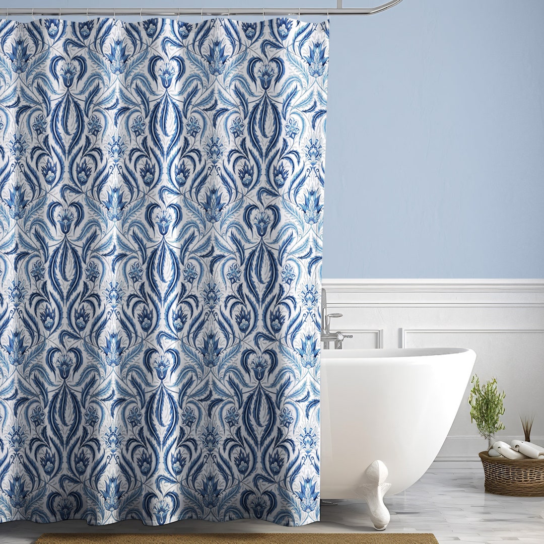 Blue Damask Shower Curtain For A Classical Bathroom Decor Waterproof