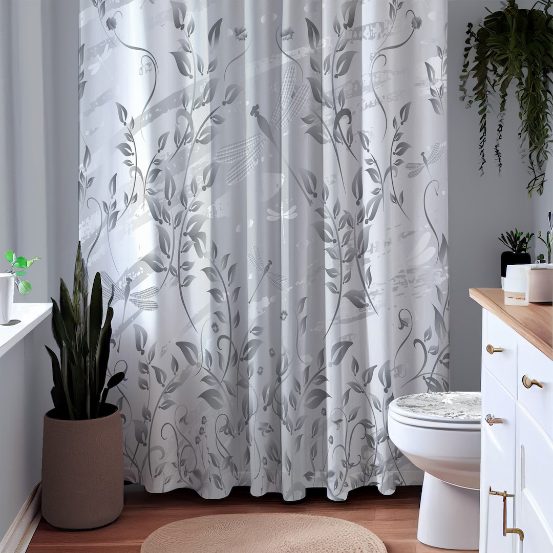 Dragonflies Shower Curtain – Gray Botanical Design – 72x72 Waterproof ...