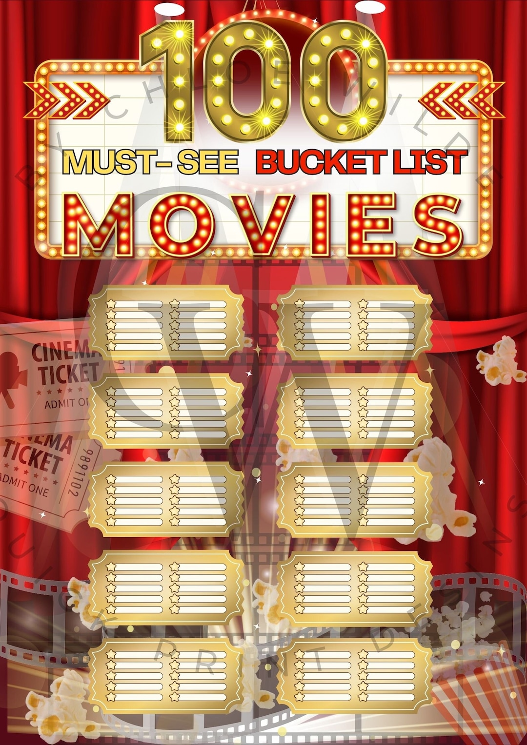 Bucket List Template 100 Must See Movies Editable Template Digital ...