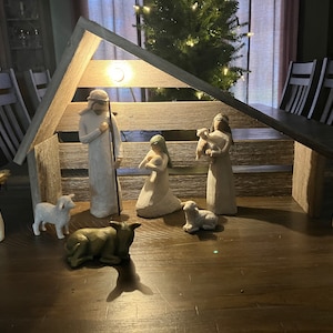 Nativity Manger Stable Rustic Lighted Handmade Wooden Nativity Creche ...