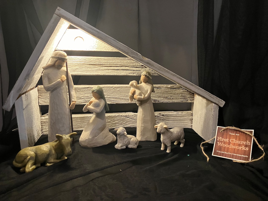 Nativity Manger Stable Antique White Rustic Lighted Handmade Wooden ...