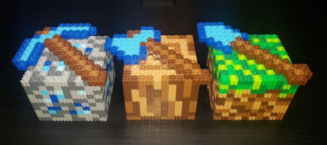 3D Minecraft Blocks Pixel Bricks Set of 3 Grass, Wood, Diamond With ...