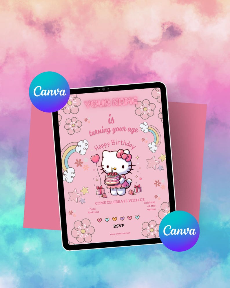 Editable Pink Birthday Invitation Template | Cute Cat Theme | Instant ...