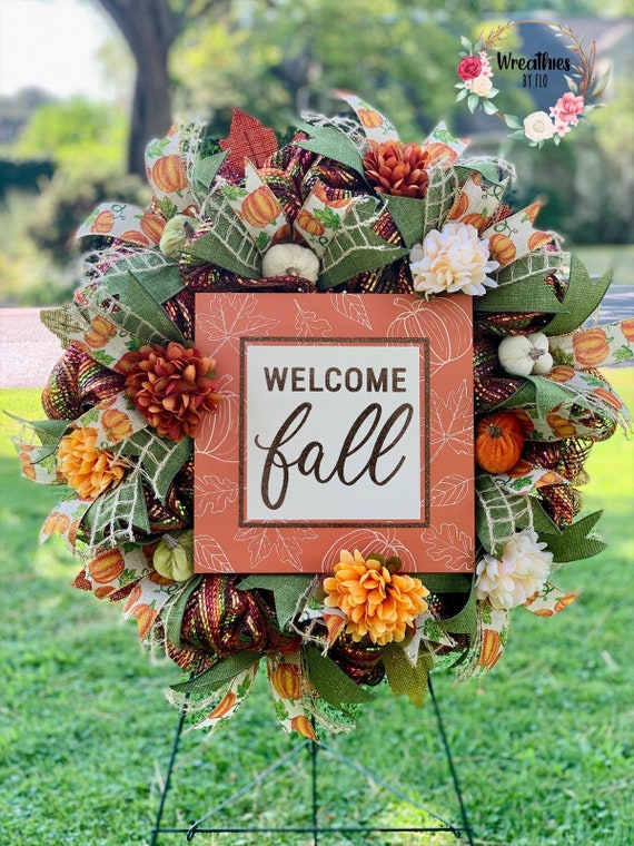 Welcome Fall Wreath for Front Door Harvest Pumpkin - Etsy